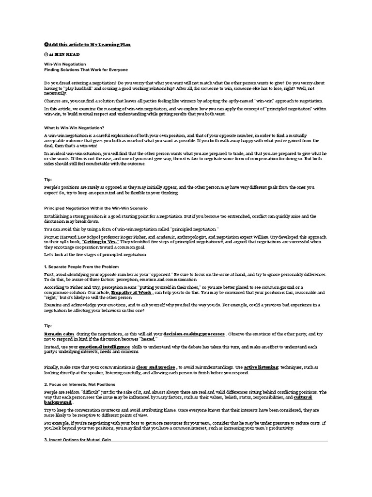 Win-Win Negotiation - Finding Solutions That Work For Everyone | PDF