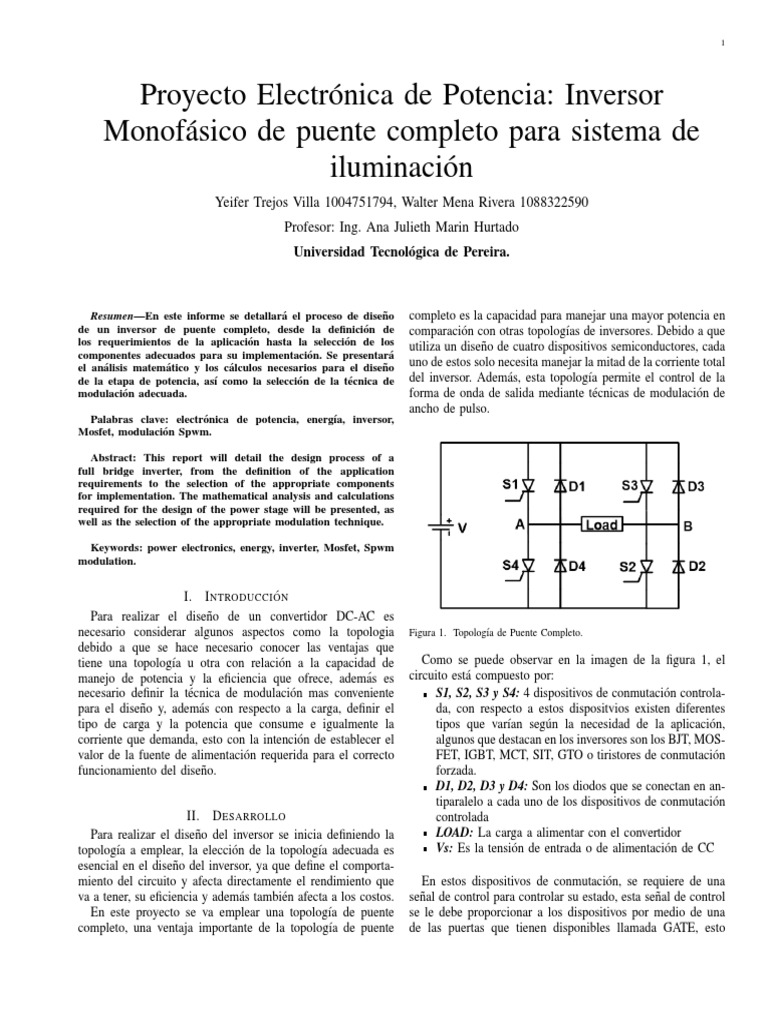 Proyecto Electr Nica de Potencia 2da Entrega | PDF | Inversor de energia | Mosfet