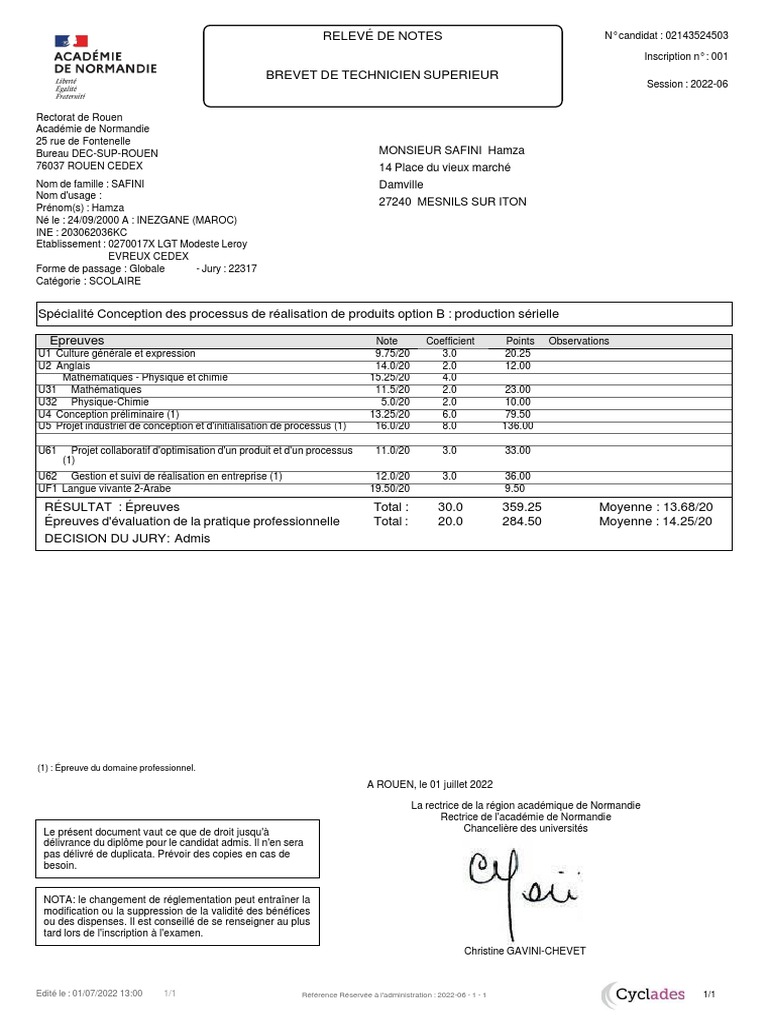 Releve de Notes BTS CPRP | PDF