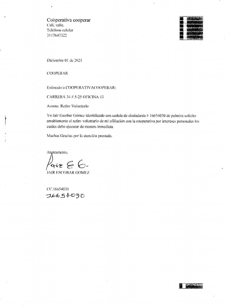 Carta de Retiro de La Cooperativa Cooperar | PDF