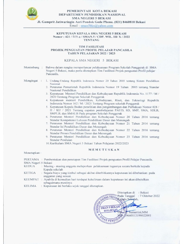 SK Tim Fasilitasi Projek Penguatan Profil Pelajar Pancasila | PDF