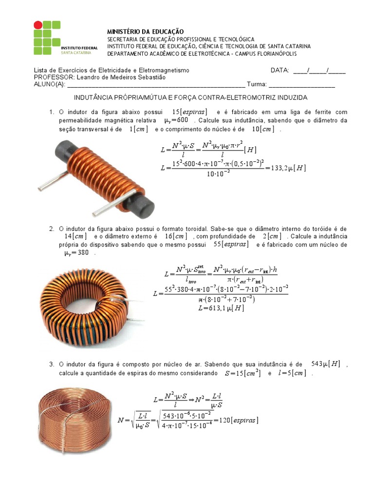 Exercícios de Indutância e Eletromagnetismo | PDF | Indutância | Indutor