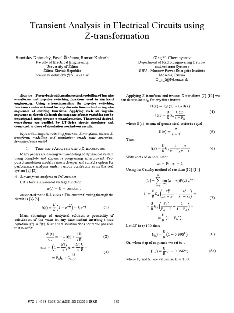 Transient Analysis in Electrical Circuits Using Z-Transformation ... Transient Analysis in Electrical Circuits Using Z-Transformation ...