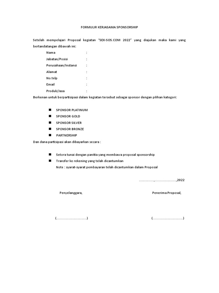 FORMULIR KERJASAMA SPONSORSHIP | PDF