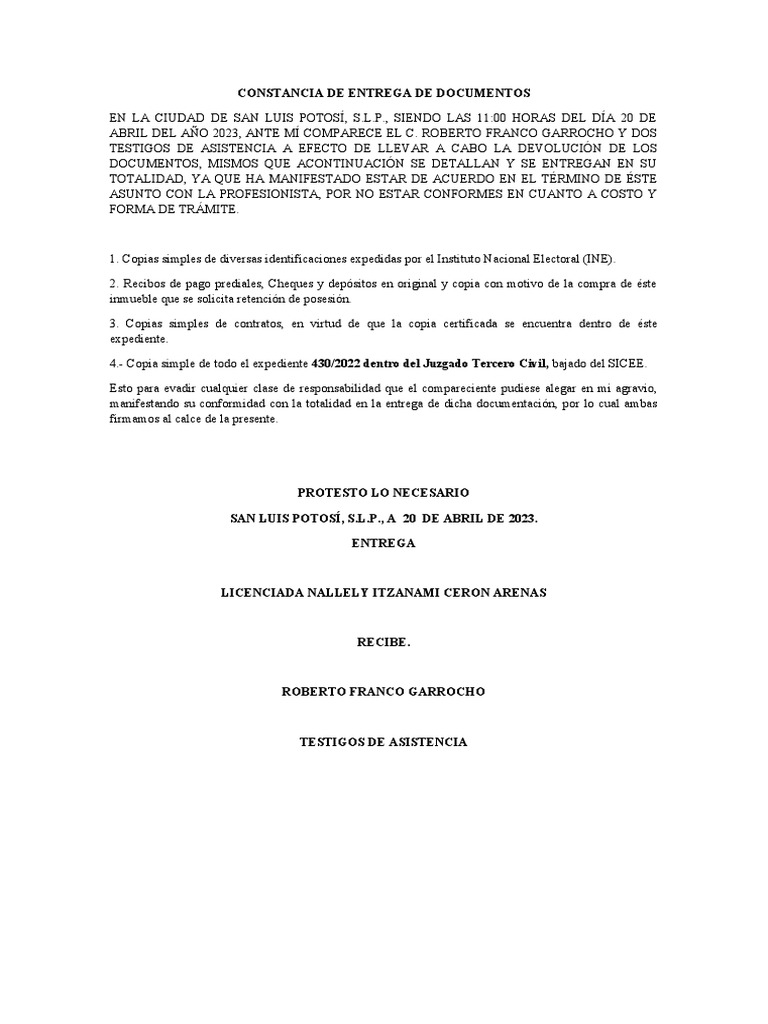 Constancia de Entrega de Documentos Roberto Franco | PDF