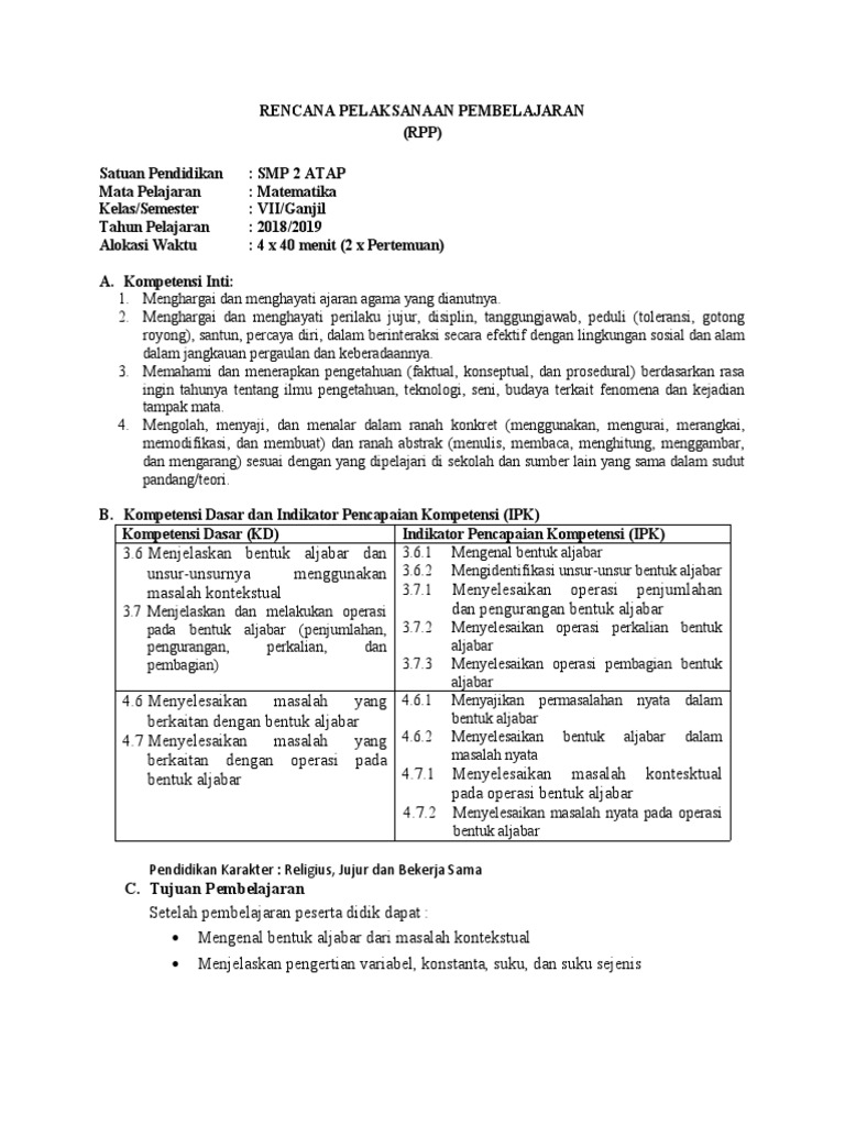 Contoh RPP MTK in K13 | PDF