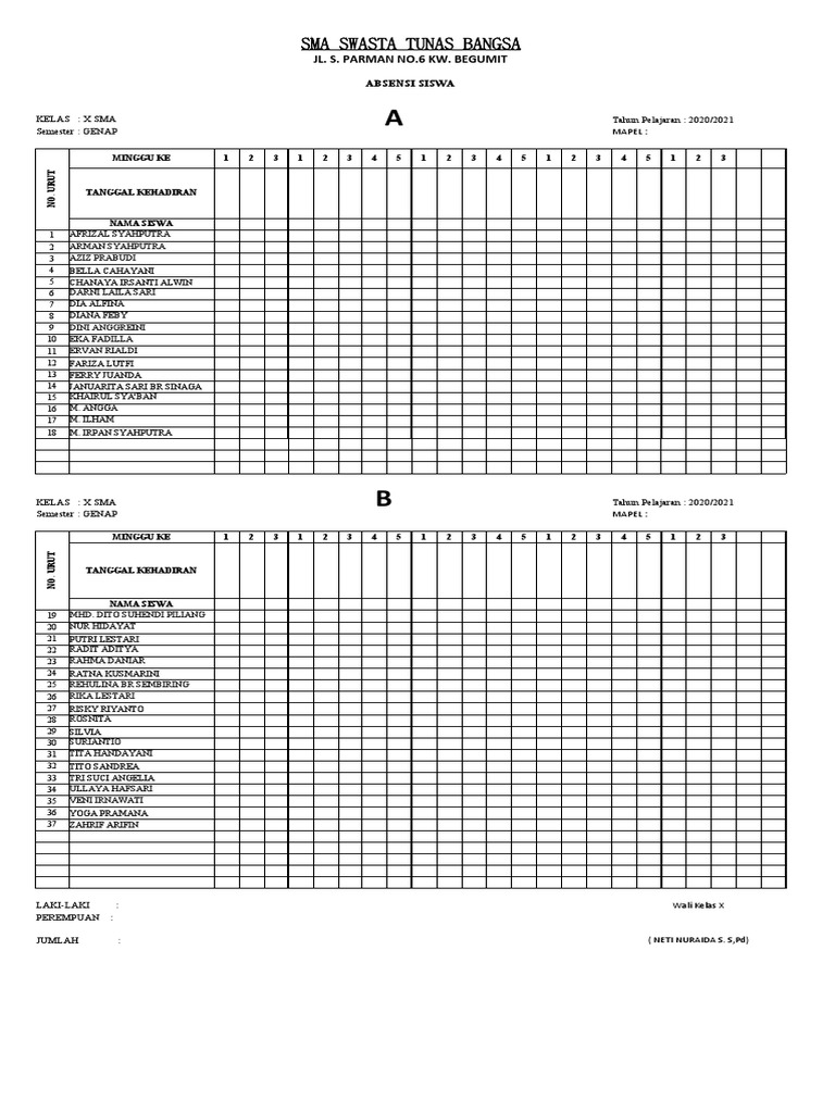 ABSENSI MINGGUAN SMA-SMK | PDF