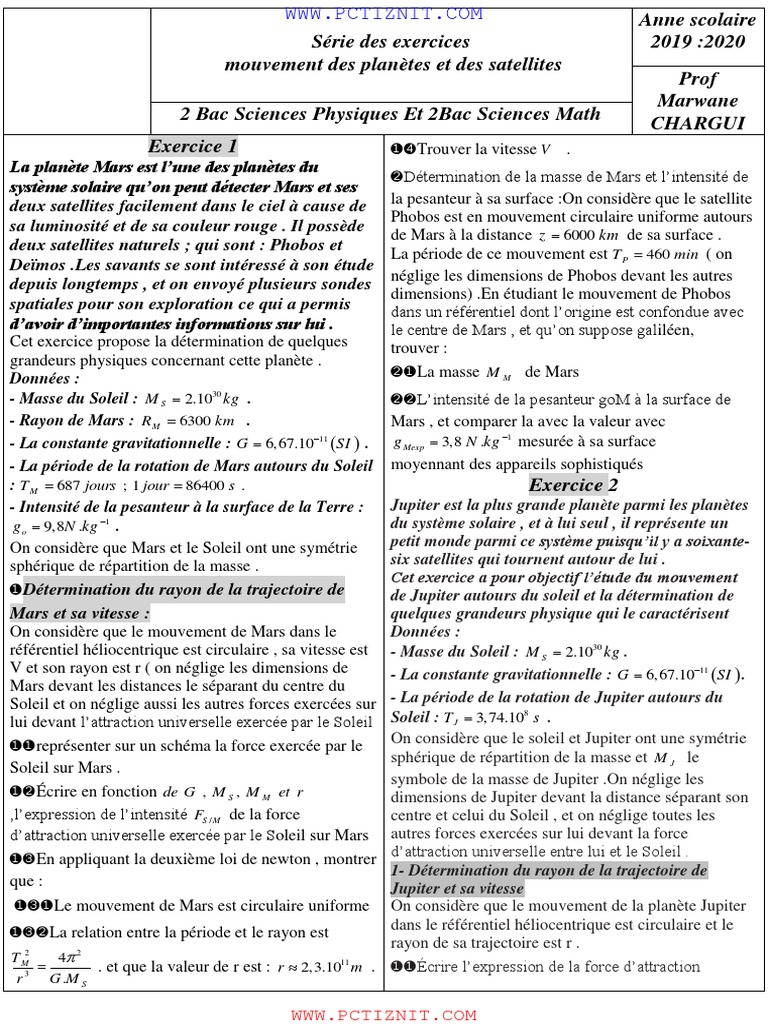 Exercice 3 Mouvement Des Satellites Et Planètes (PR Marwane CHARGUI ...