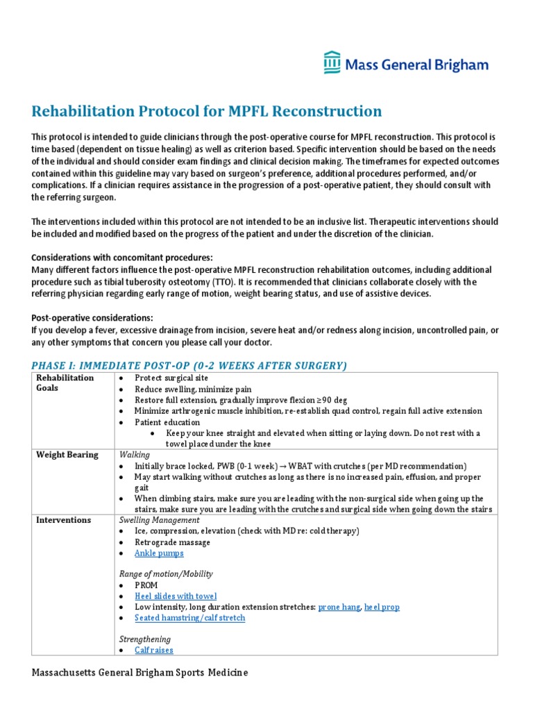 Rehabilitation Protocol For MPFL | PDF