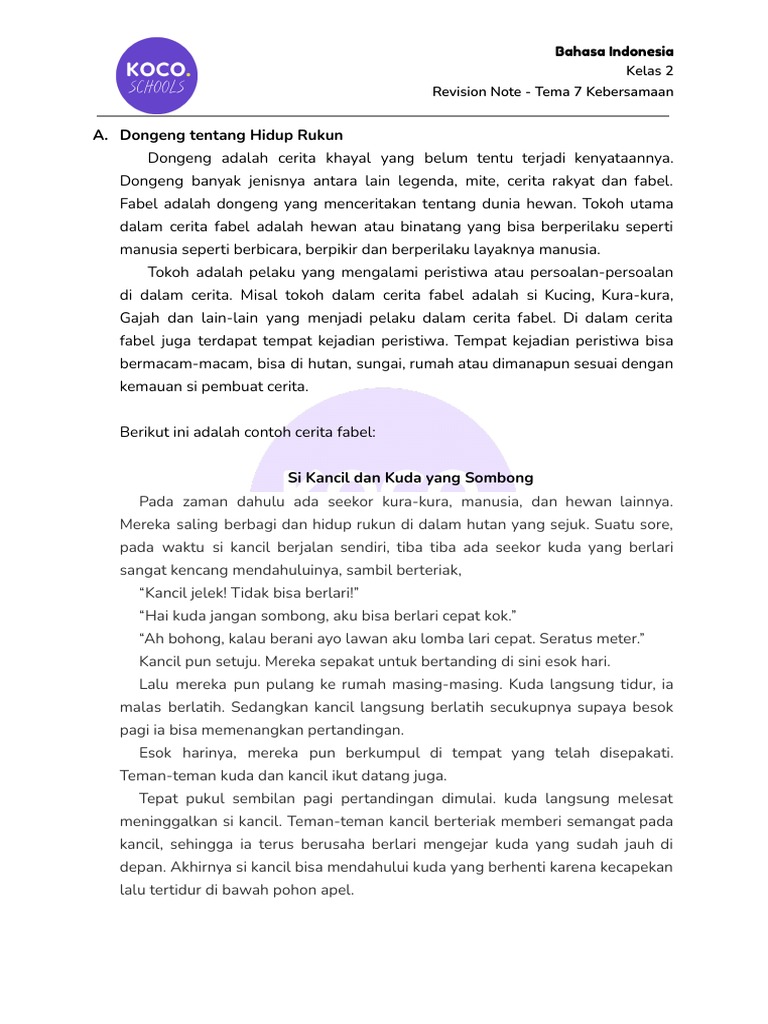 Bahasa Indonesia Kelas 2 Revision Note Tema 7 Kebersamaan | PDF