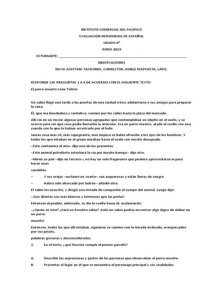 Evaluación Intermedia 6° 2023 | PDF