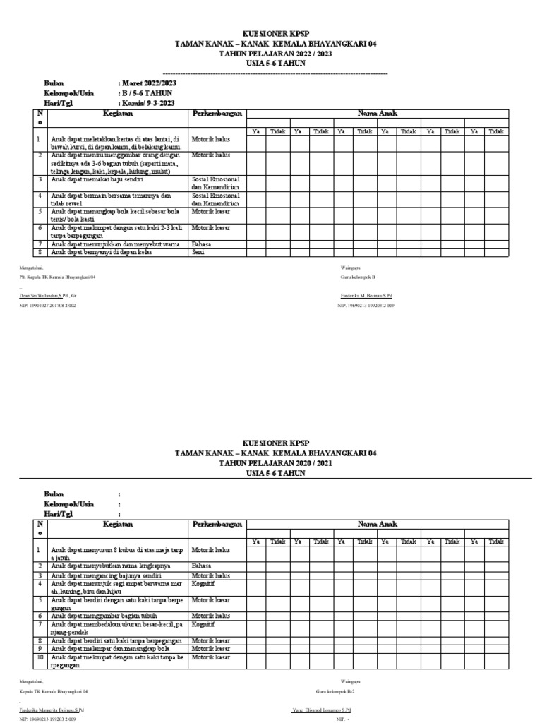KUESIONER KPSP TK B | PDF