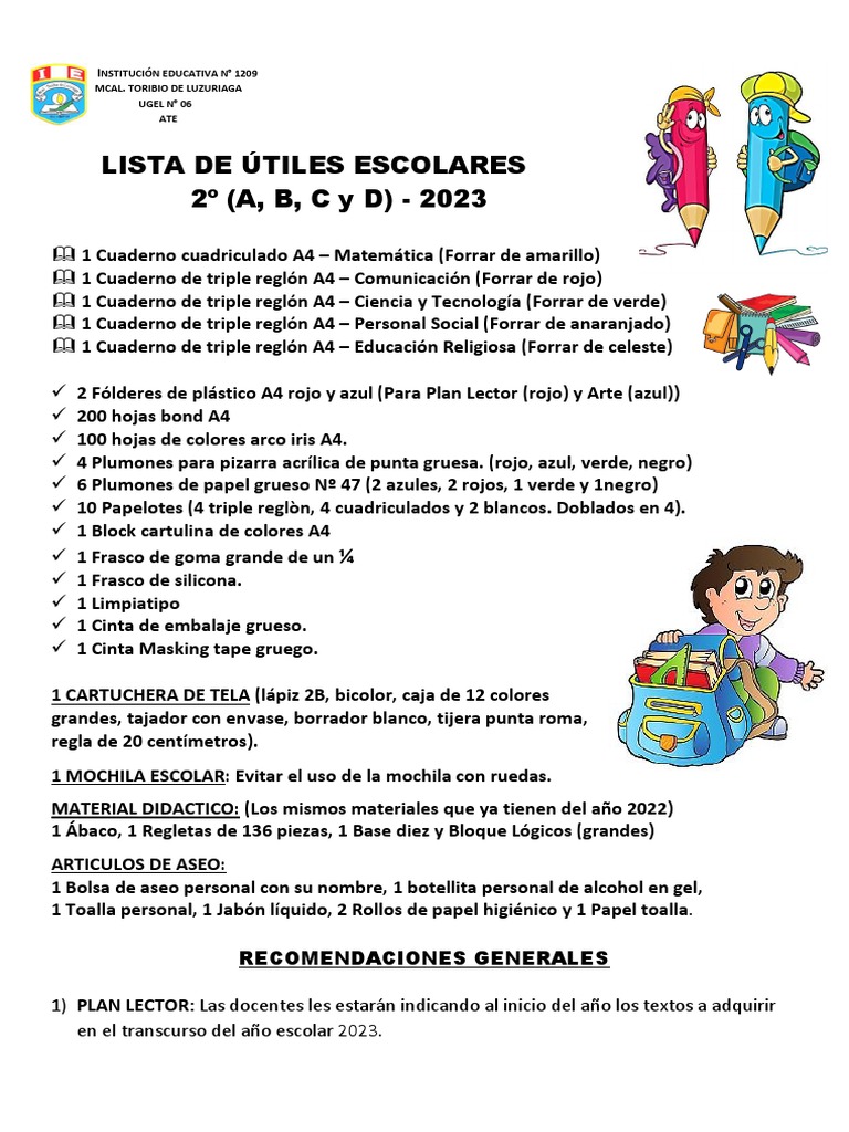 Lista de Utiles Escolares - Segundo Grado 2023 | PDF | Salón de clases | Enseñando