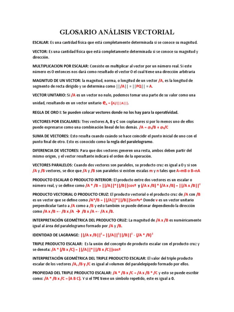 Glosario Análisis Vectorial | PDF | Vector Euclidiano | Escalar (Matemáticas)