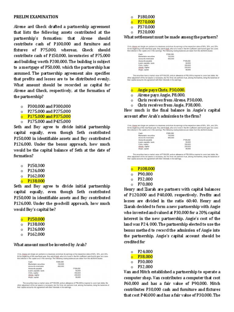 Prelim Examination | PDF | Partnership | Balance Sheet
