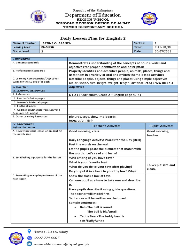 Daily Lesson Plan For English 2 | PDF | English Language | Lesson Plan