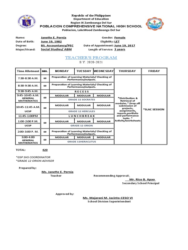 Teacher's Class Program 2020-2021 | PDF