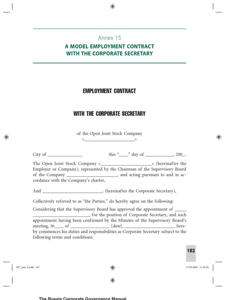 A Model Employment Contract With The Corporate Secretary: Annex 15 ...