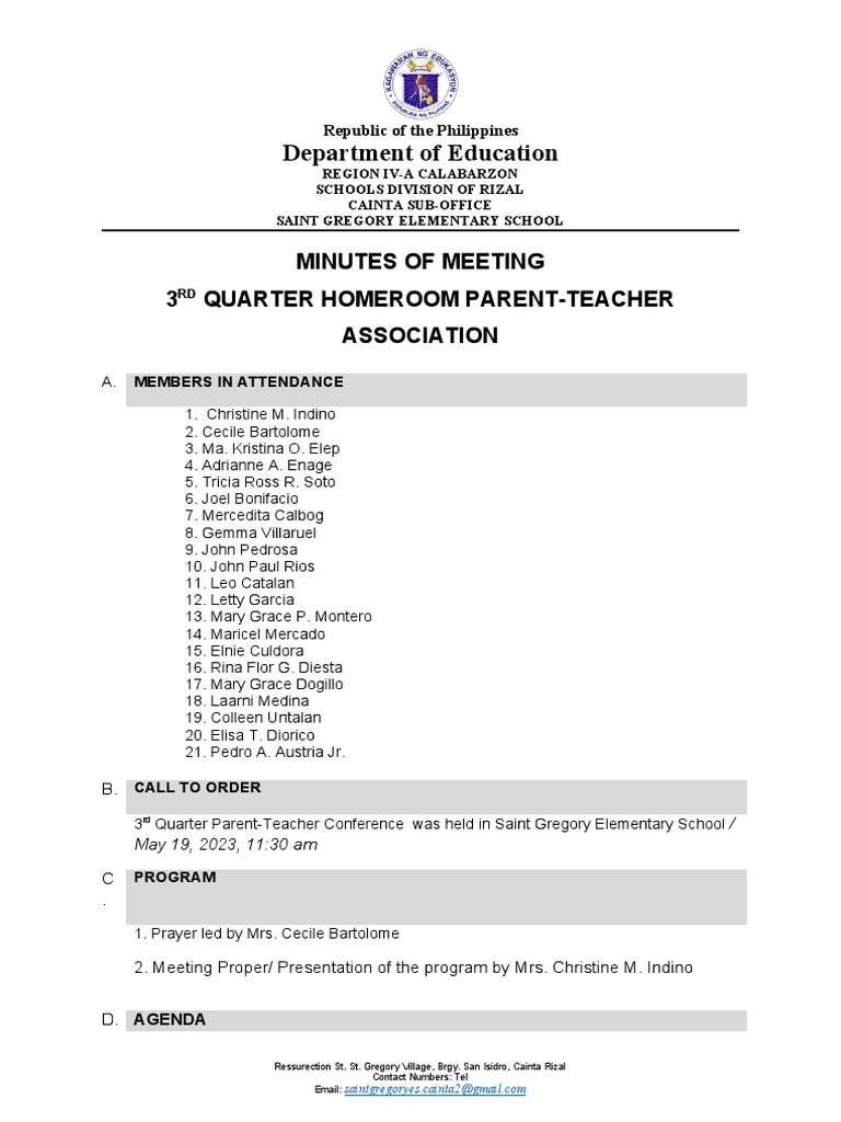 Minutes of The Meeting - 3rd QUARTER HRPTA Meeting | PDF | Social ...
