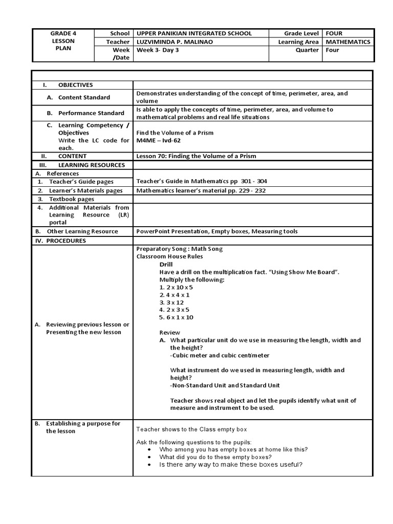 COT 2 - Lesson Plan-Math 4-Quarter 4-Week 3 | PDF | Volume | Length