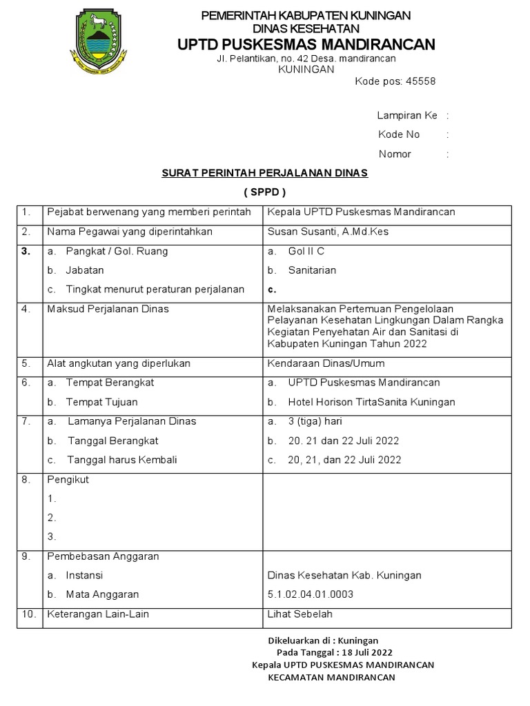 Contoh Surat Tugas SPPD 2022 | PDF