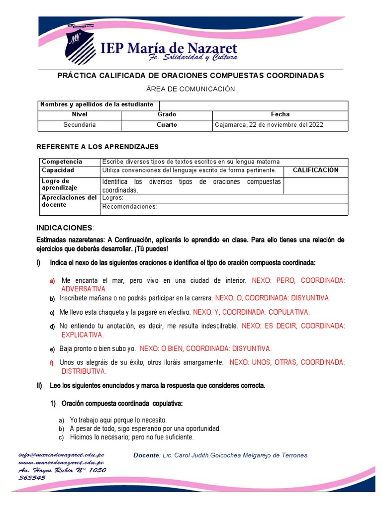 Práctica de Oraciones Compuestas Coordinadas-2022 Resuelto | PDF