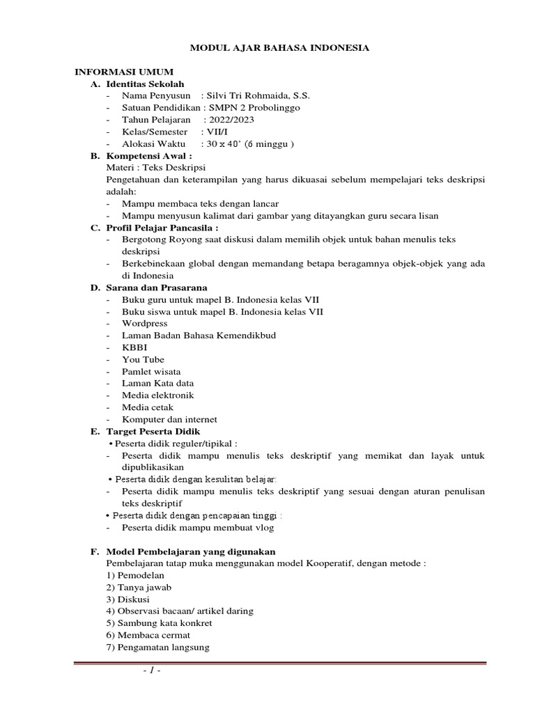 Modul Ajar Teks Deskripsi Pdf