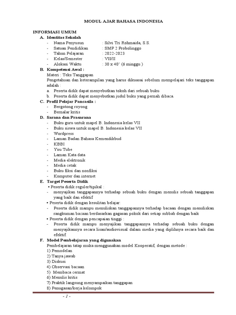 Modul Ajar Bahasa Indonesia SMP | PDF | Seni & Disiplin Bahasa | Sains & Matematika