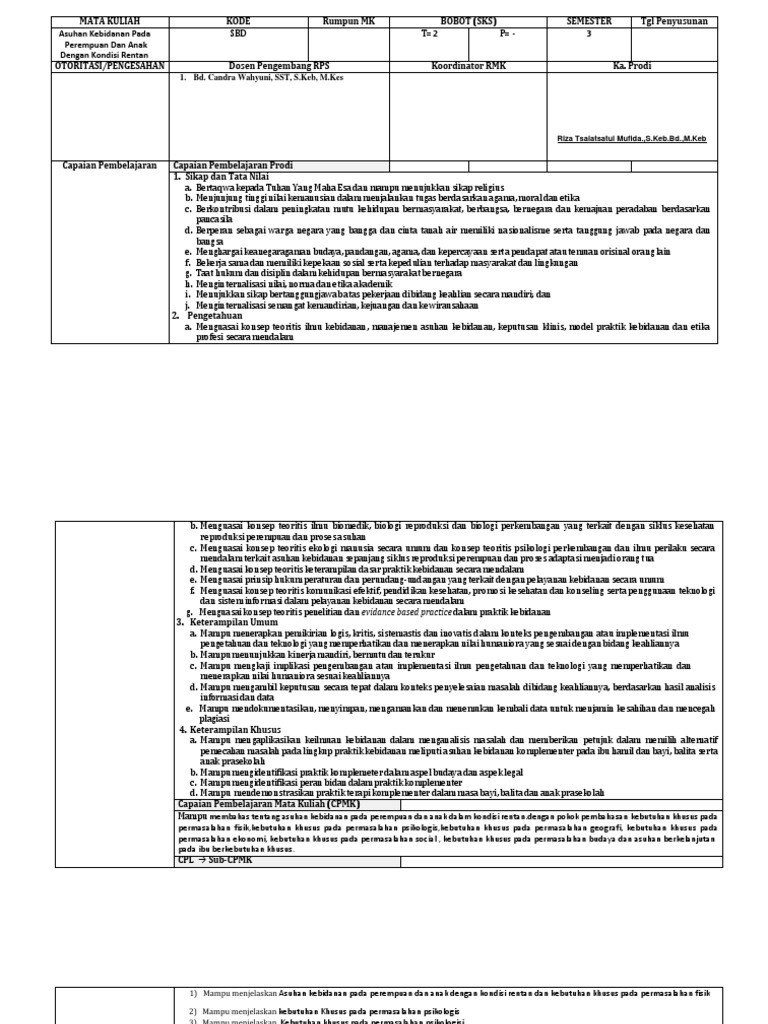 RPS Askeb Pada Perempuan Dan Anak Dengan Kondisi Rentan | PDF