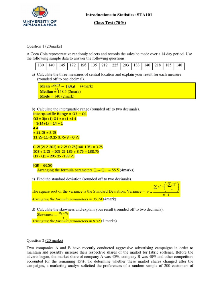 Introductory Statistics (STA101) Memo Class Test | PDF | Statistical ...