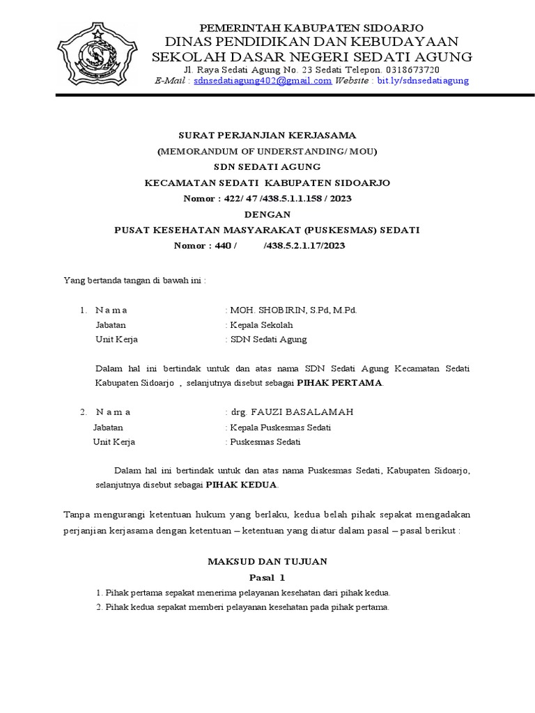 MOU - PUSKESMAS-SDN Sedati Agung 2023 | PDF