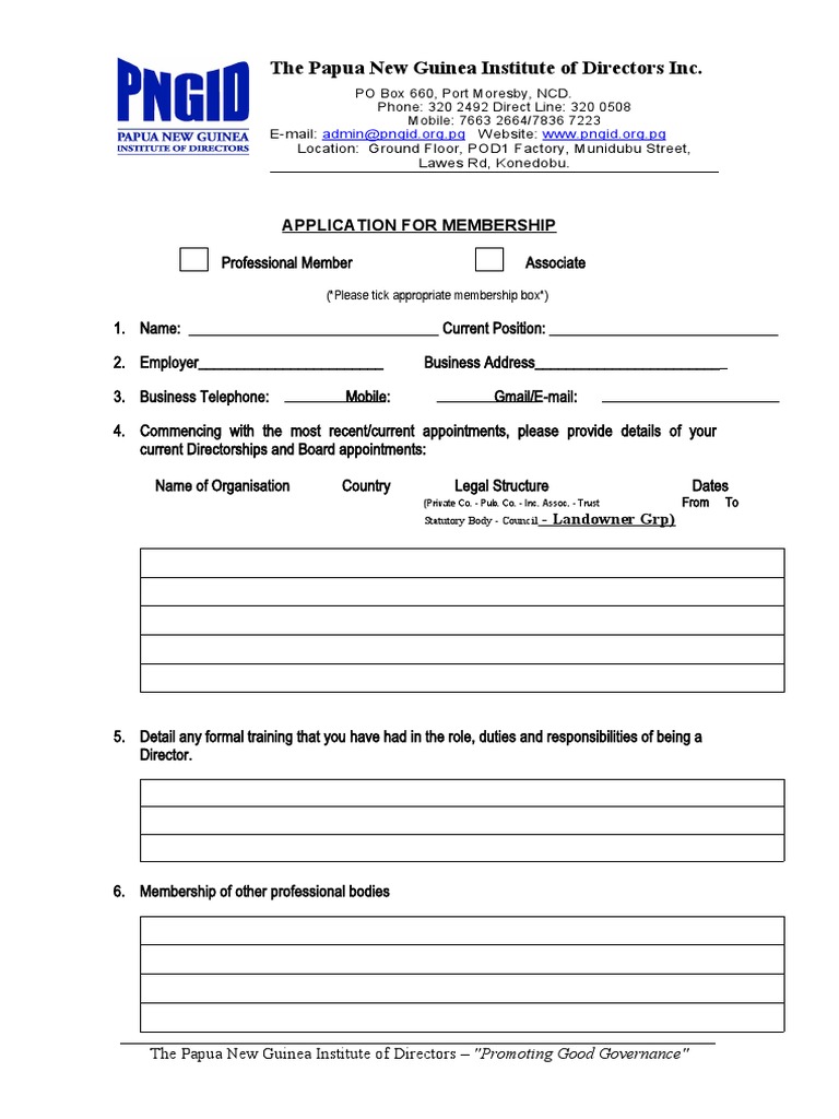 PNG Institute of Directors Membership Form | PDF | Papua New Guinea | Government