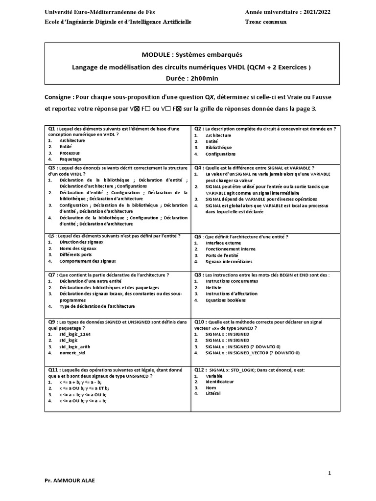 QCM+EXERCICES_VHDL (1) | PDF