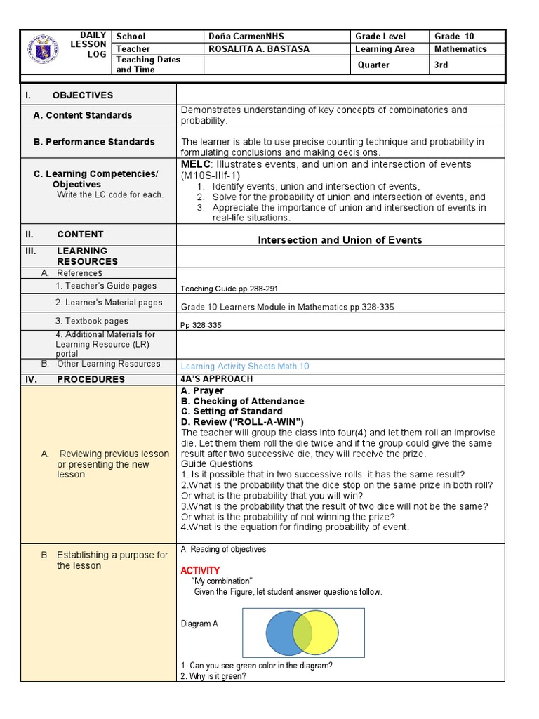 Math 10LP For CO q3 Intersection and Union of Events | PDF | Mathematics | Color