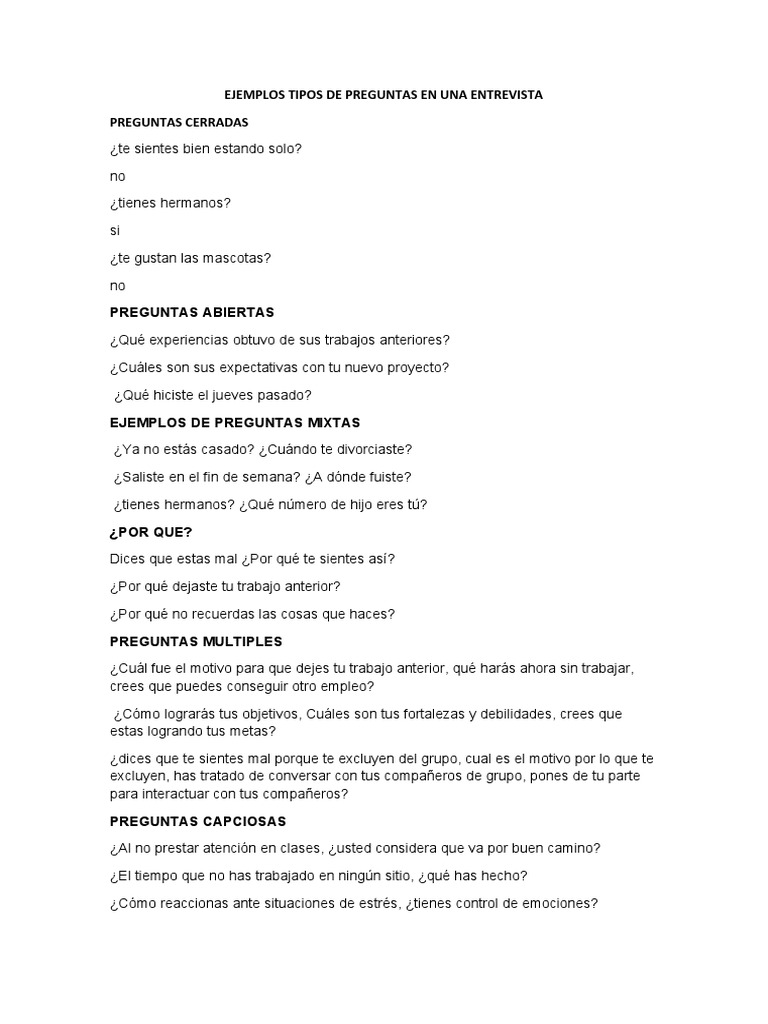 Ejemplos Tipos de Preguntas en Una Entrevista | PDF