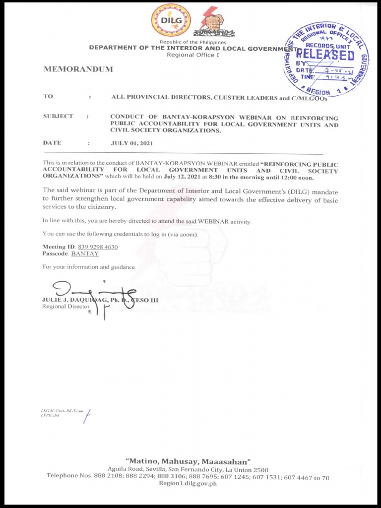 Memo - Conduct of Bantay Korapsyon Webinder On Reinforcing Public Accountability | PDF