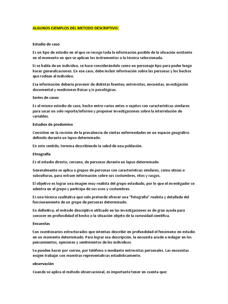 Ejemplos metodo descriptivo | PDF | Caso de estudio | Método científico