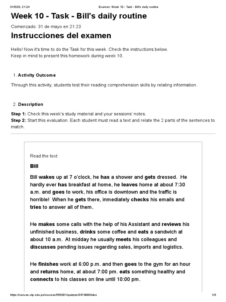 Examen - Week 10 - Task - Bill's Daily Routine | Download Free PDF | Pedagogy | Cognitive Science