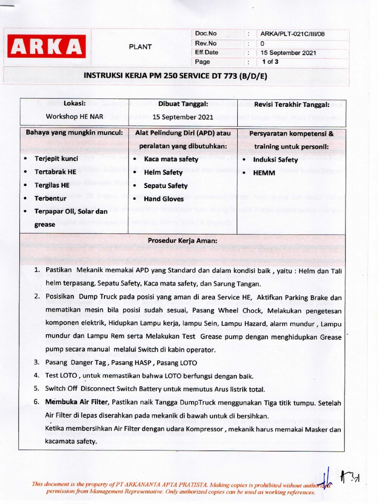 Instruksi Kerja PM 250 Service DT 773 B D E - ARKA-PLT-021C-III-08 | PDF