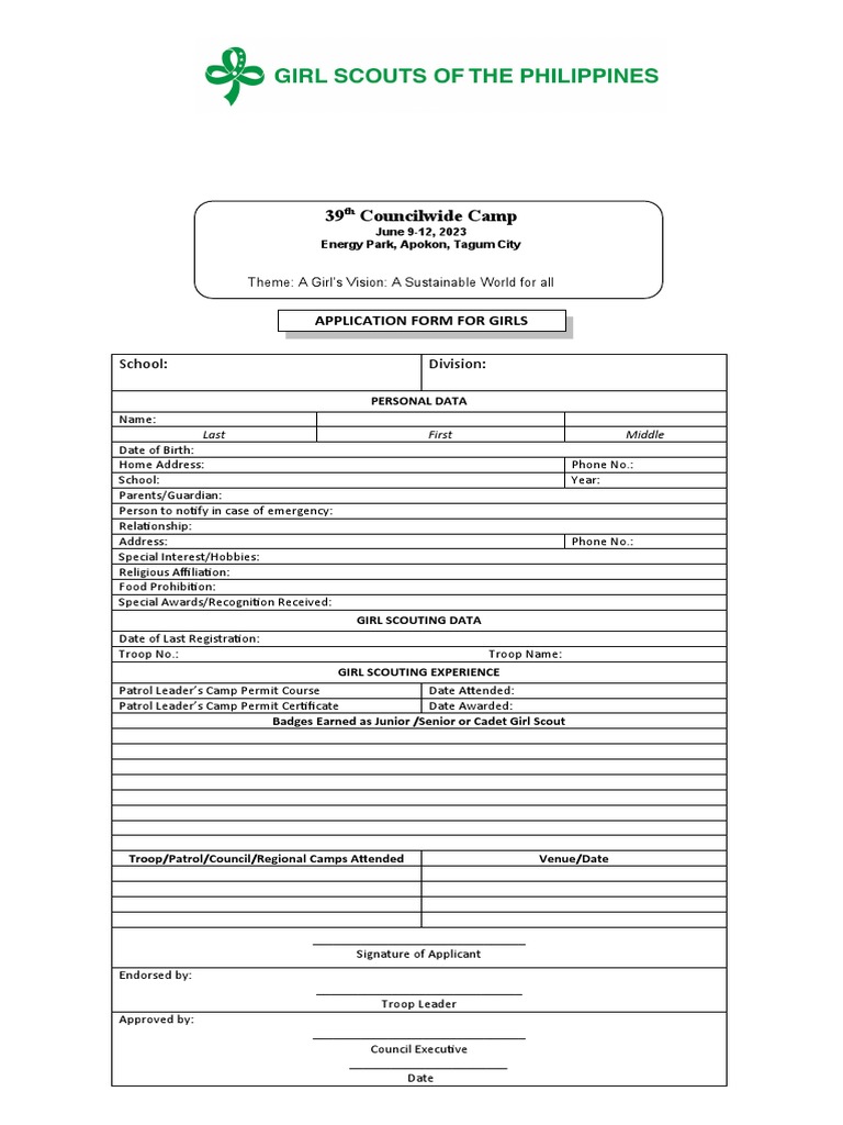 GSP Application Parents Consent Health Examination Forms - Camp | PDF