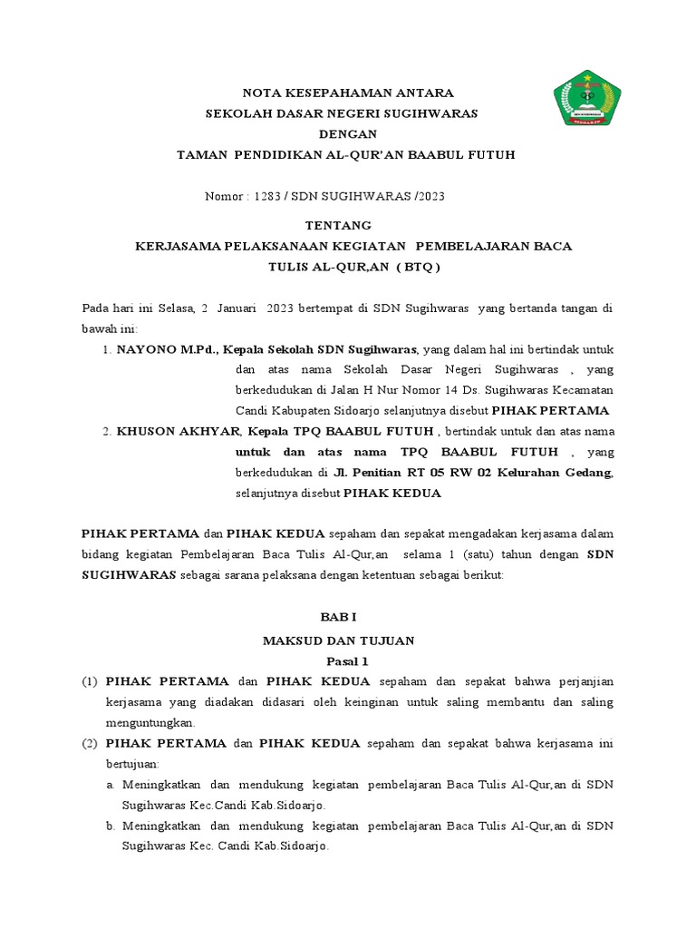 MoU Dengan TPQ | PDF