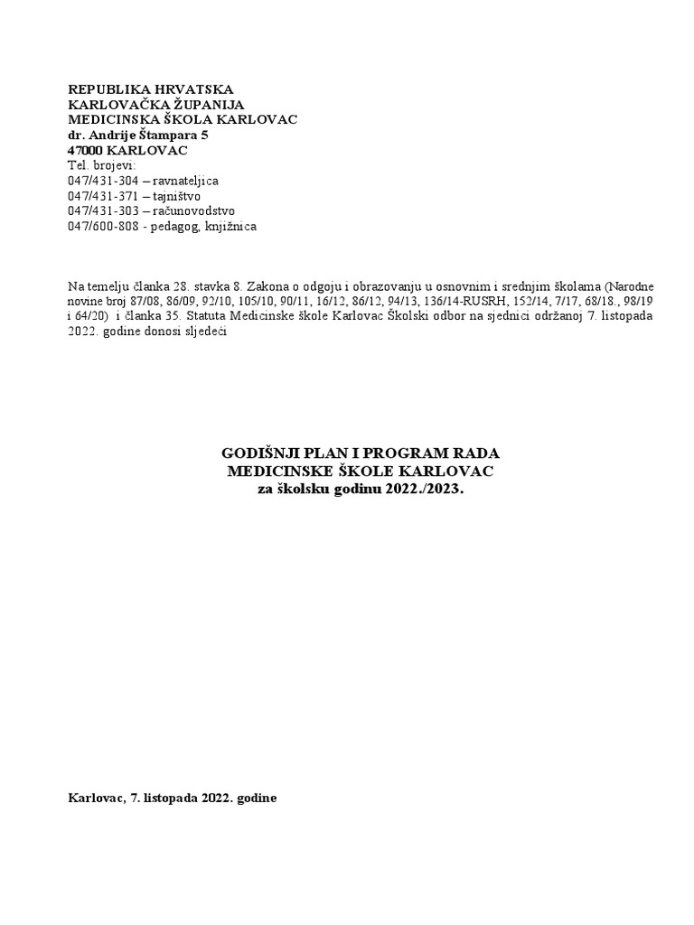 Godisnji Plan I Program Rada Skole Za Skolsku Godinu 2022.2023 | PDF
