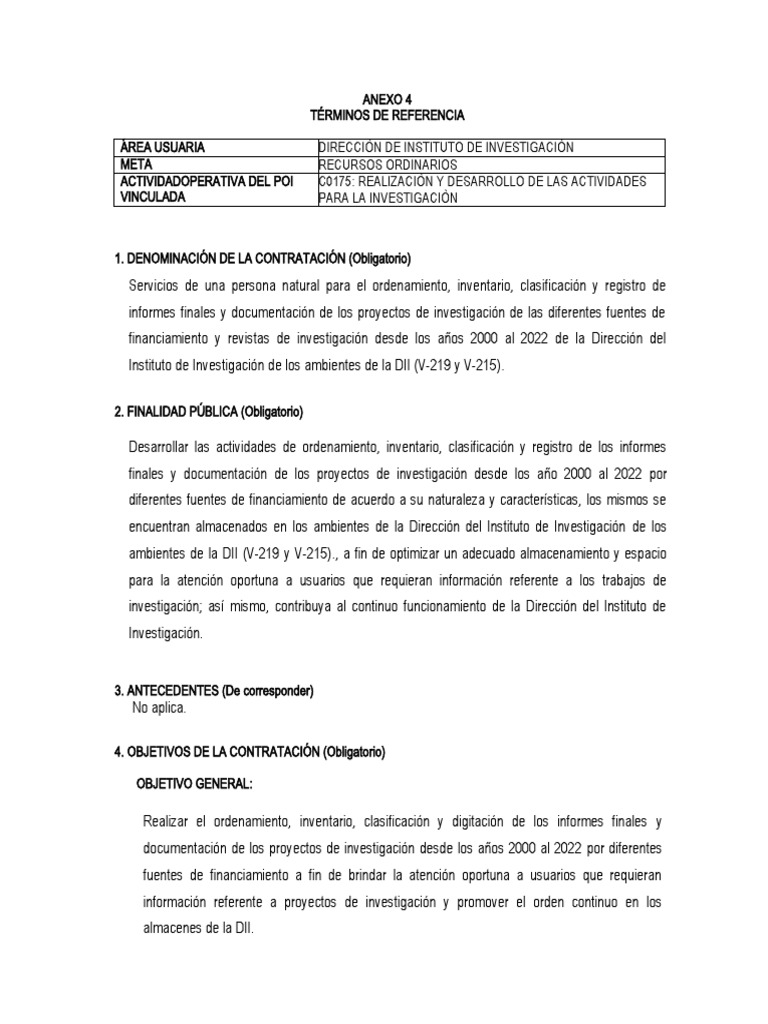 ANEXO N°04 - TÈRMINO DE REFERENCIA - Modelo | PDF