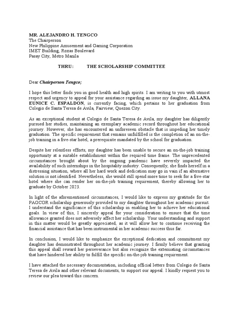 Appeal for PAGCOR Scholarship Support | PDF