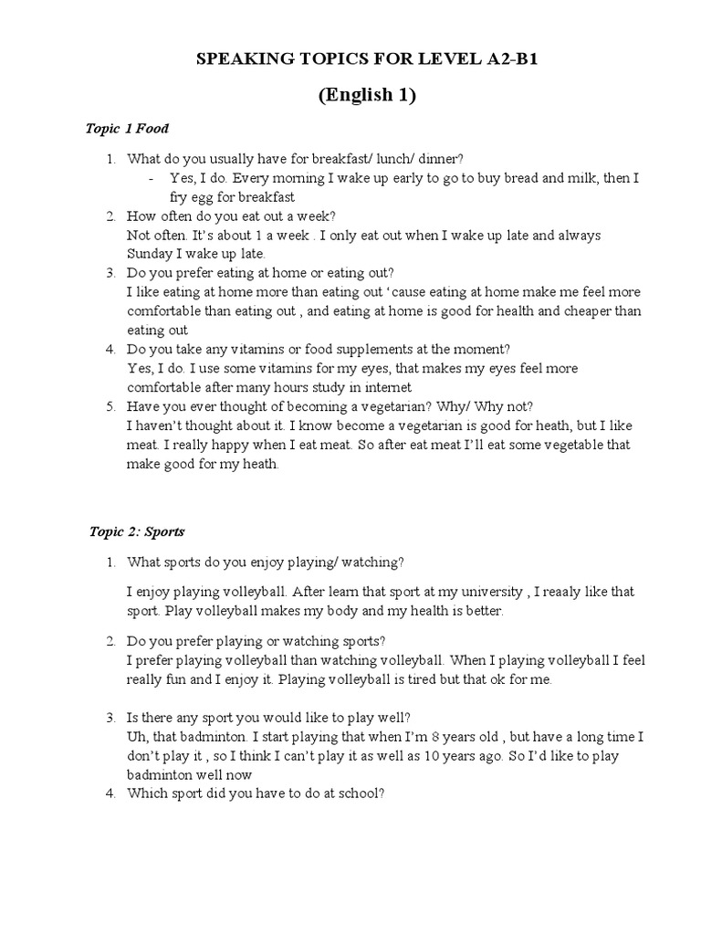 Speaking Topics For Level A2 B1.HP1 | PDF