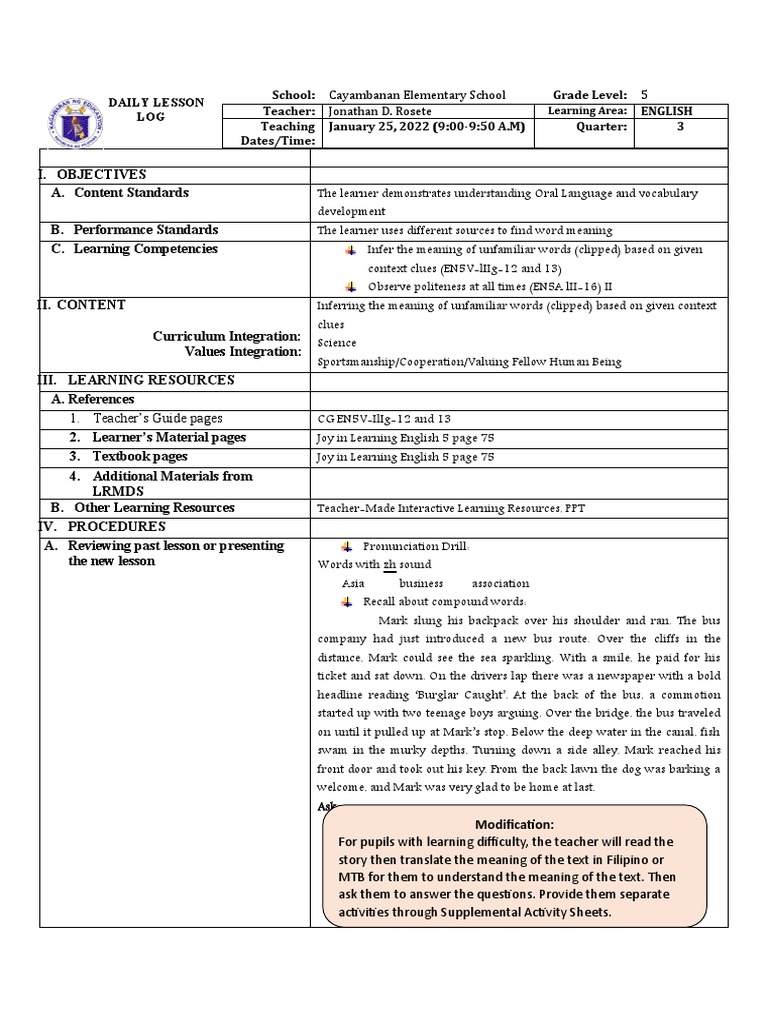 Lesson Plan English 5 | PDF