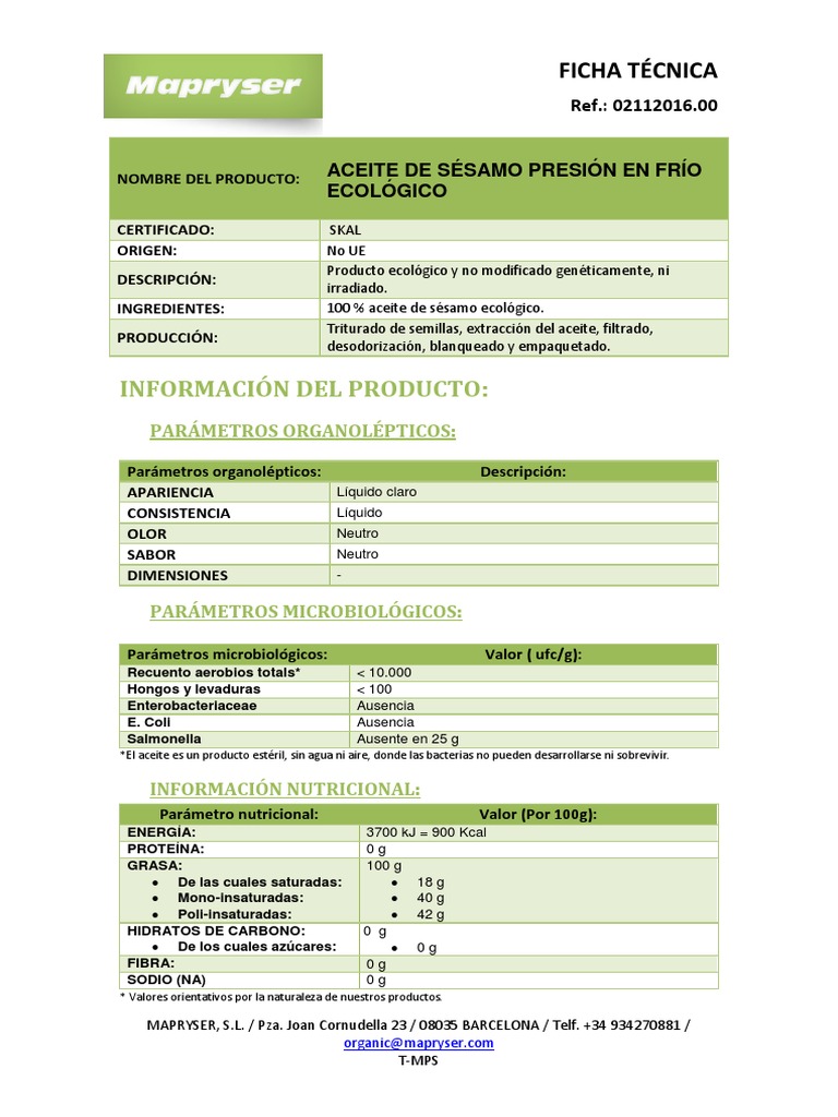 FICHA T CNICA Aceite de Sesamo Presion Frio | PDF | Petróleo | Química
