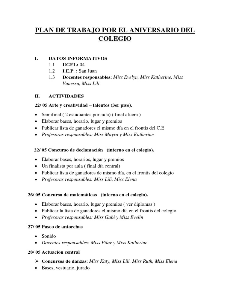 PLAN DE TRABAJO POR EL ANIVERSARIO DEL COLEGIO | PDF