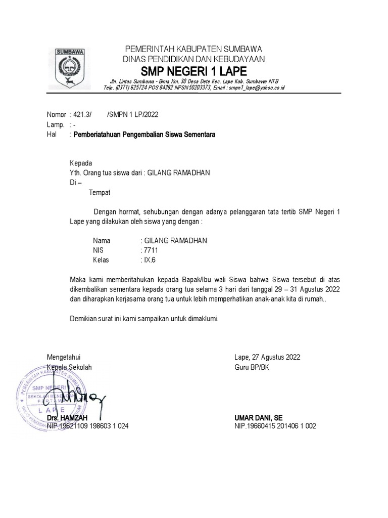 Surat Skorsing Siswa | PDF