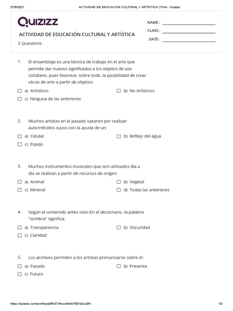 Actividad de Educación Cultural y Artística - Print - Quizizz | PDF | Arte